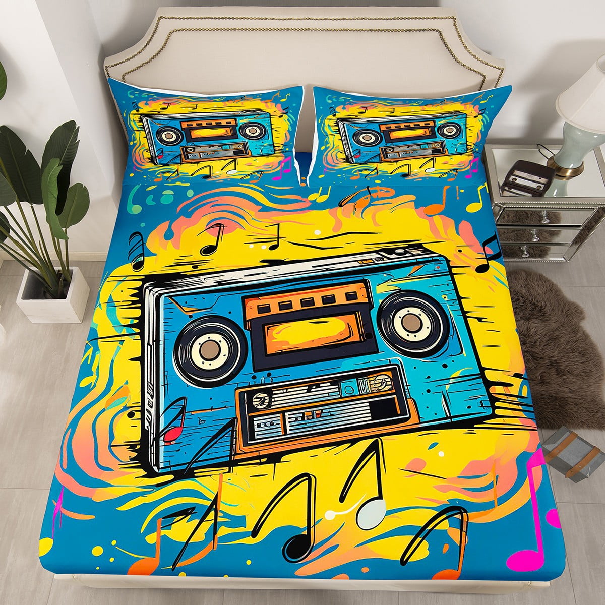 YST 80S 90S Radio Full Fitted Sheet Hippie Music Notes Bed Sheets, Hip ...