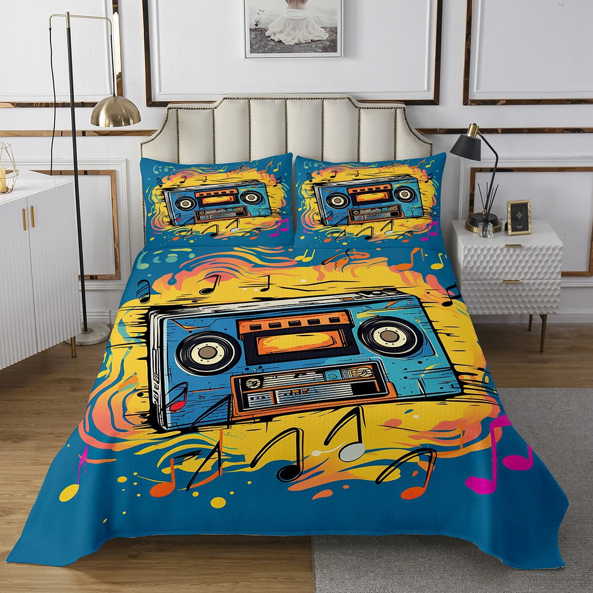 YST 80S 90S Radio King Quilt Set Hippie Music Notes Bedspread Set, Hip ...