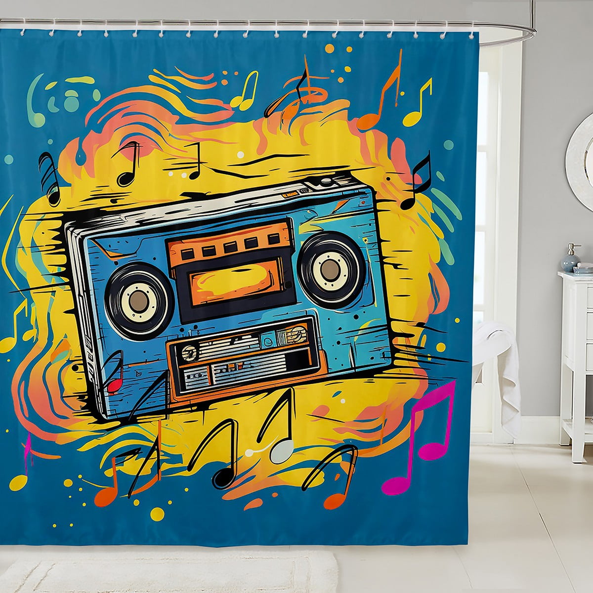 YST 80S 90S Radio Shower Curtain Hippie Music Notes Fabric Shower ...