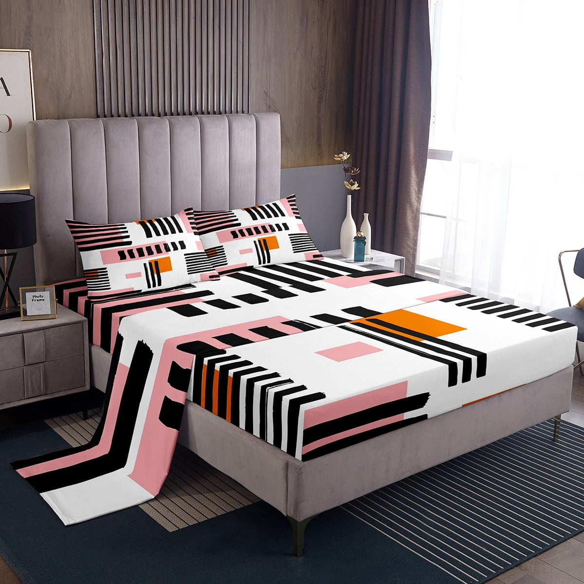 YST Abstract Art Bed Set Black Pink White Orange Bed Sheets Set ...