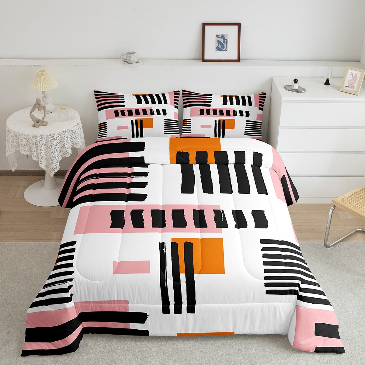 Abstract Art Bedding Set Queen Black Pink White Orange Comforter Set ...