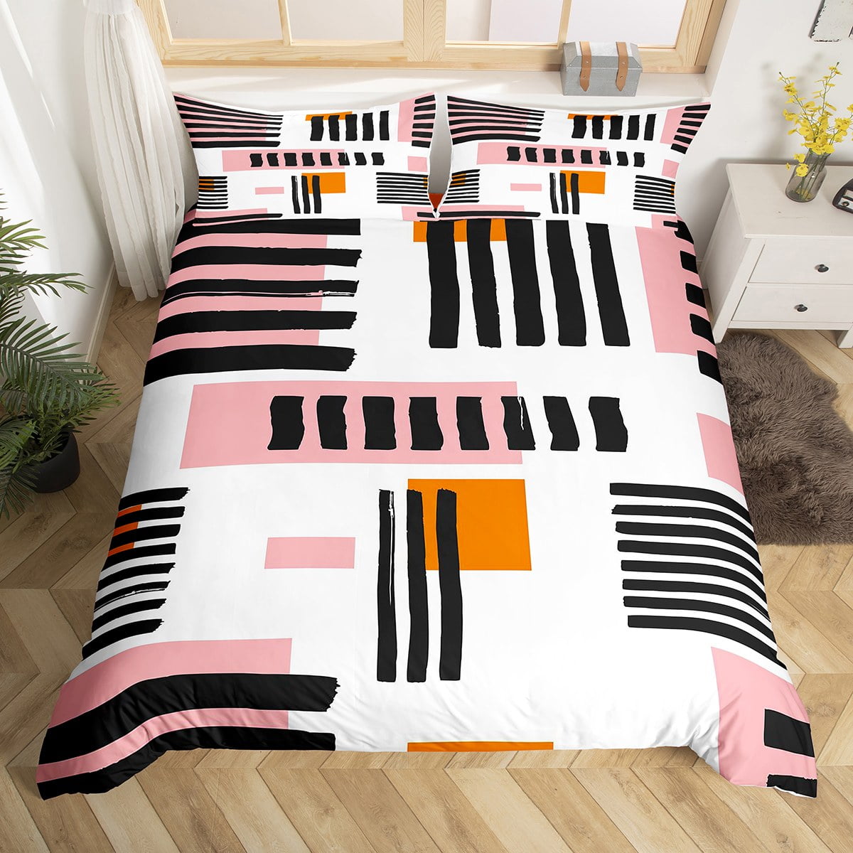Erosebridal Abstract Art Bedding Sets Full Black Pink White Orange ...