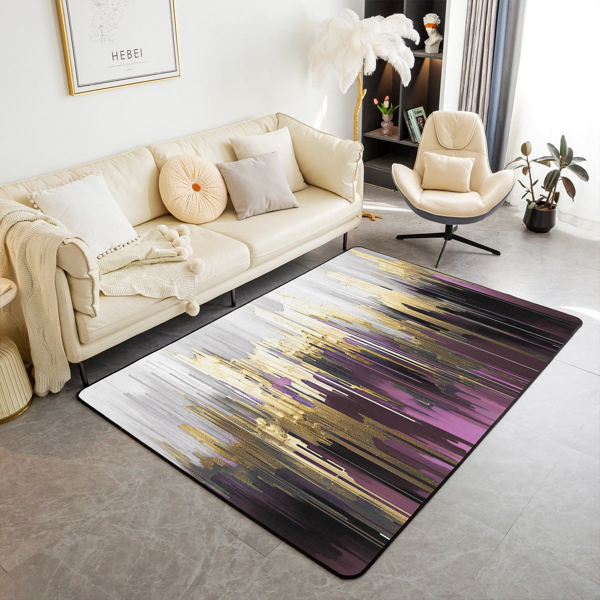 Erosebridal Abstract Art Rug Grey Purple Ombre Gold Area Rug, Geometry ...