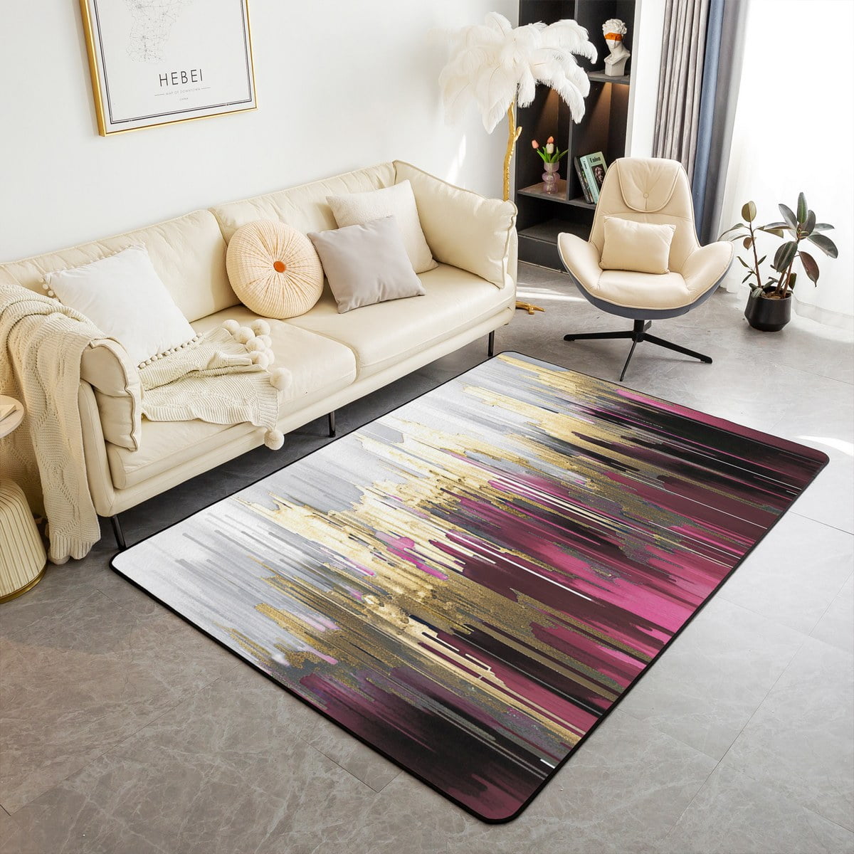YST Abstract Art Rug Lavender Gold Grey Area Rug, Geometry Stripe ...
