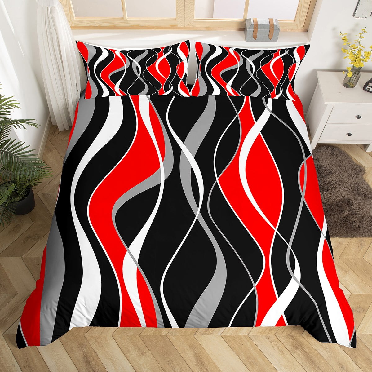 YST Abstract Bed Set Black Red Geometric Duvet Cover Kids Bedroom Decor ...