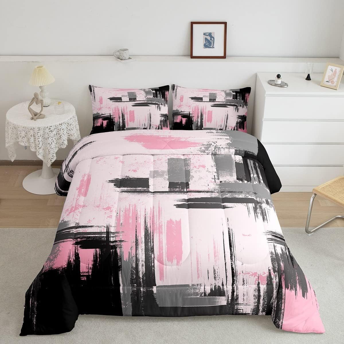 Abstract Bedding Set Modern Abstract Art Comforter Set Pink Black ...
