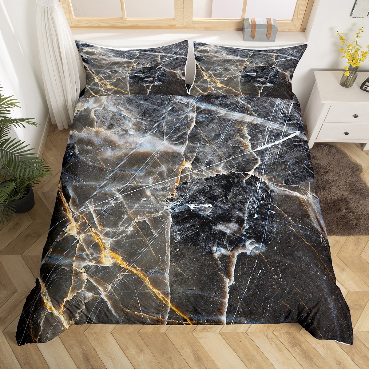 YST Abstract Dark Grey Bed Set Black Marble Duvet Cover, Gold Metallic ...