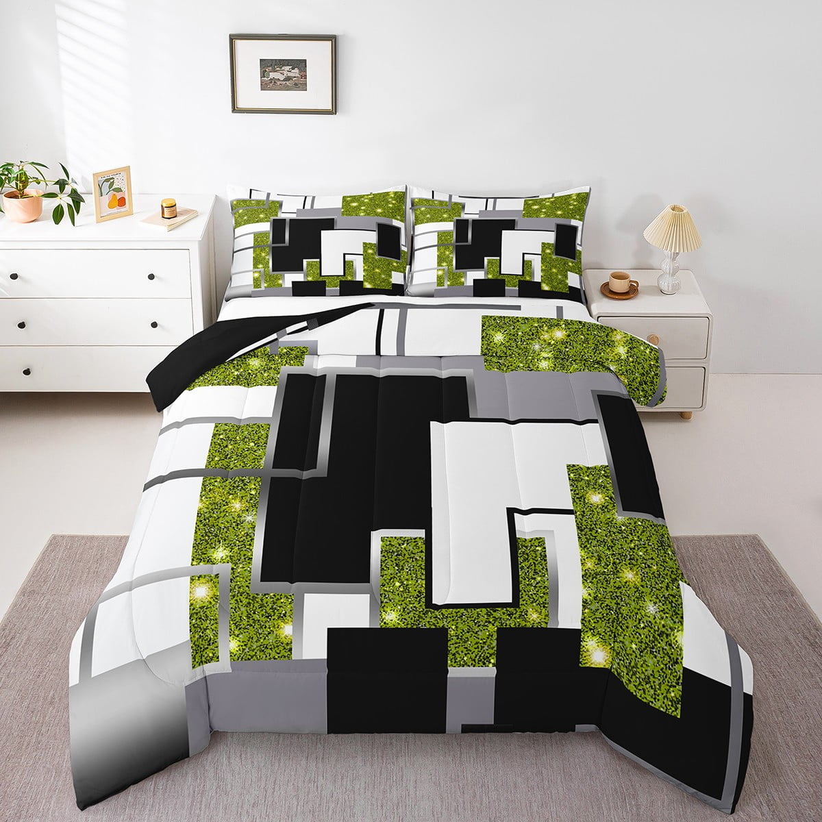 Abstract Geometric Comforter Set King Lime Green Black Grey White ...