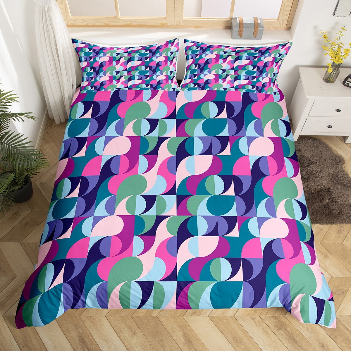 YST Abstract Geometric Print Bedding Set Colorful Curvy Duvet Cover Set ...