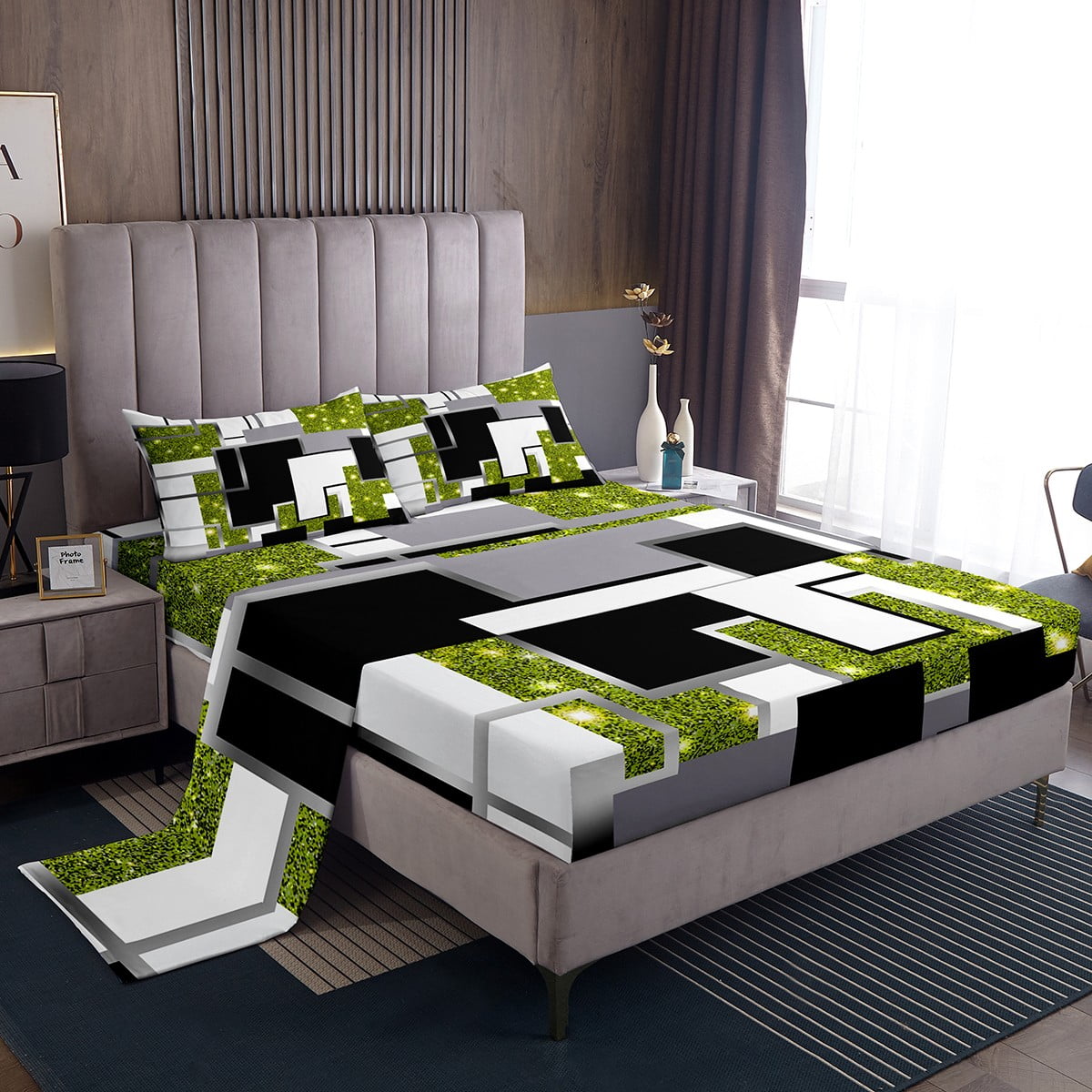 YST Abstract Geometric Sheet Set Twin Lime Green Black Grey White ...