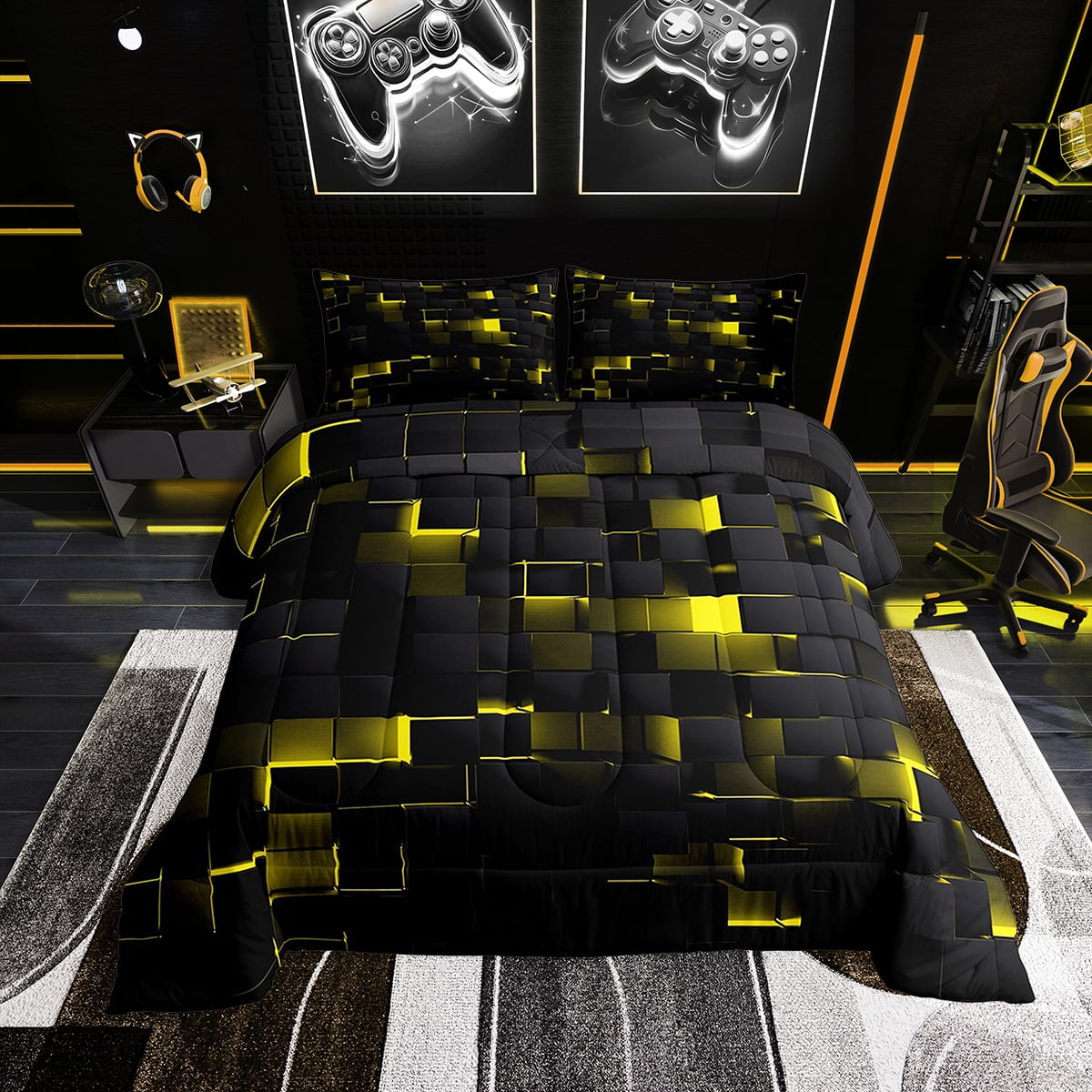 Abstract Geometric Twin Comforter Set Abstract Black Yellow Check ...