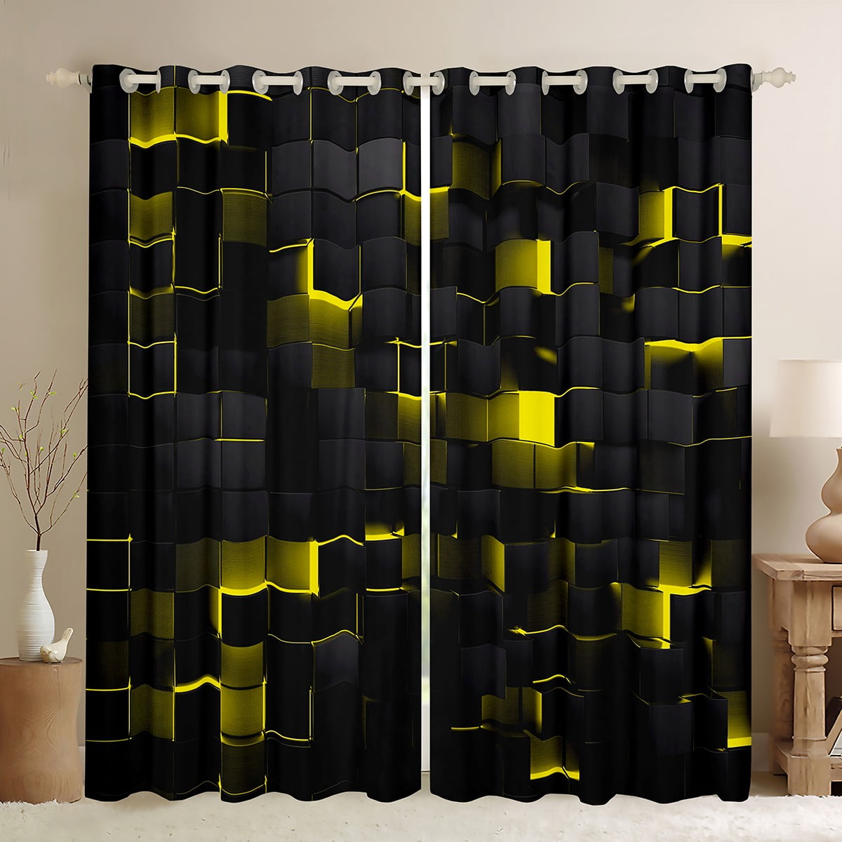 YST Abstract Geometric Window Curtains 42"Wx63"L Abstract Black Yellow ...