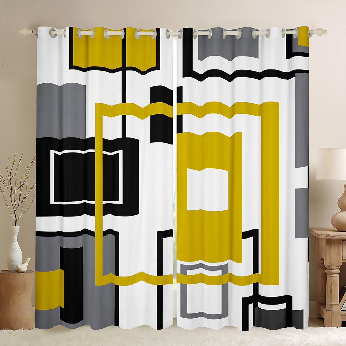 Erosebridal Abstract Geometry Window Curtains Geometric Square Striped Blackout Curtains Black ...