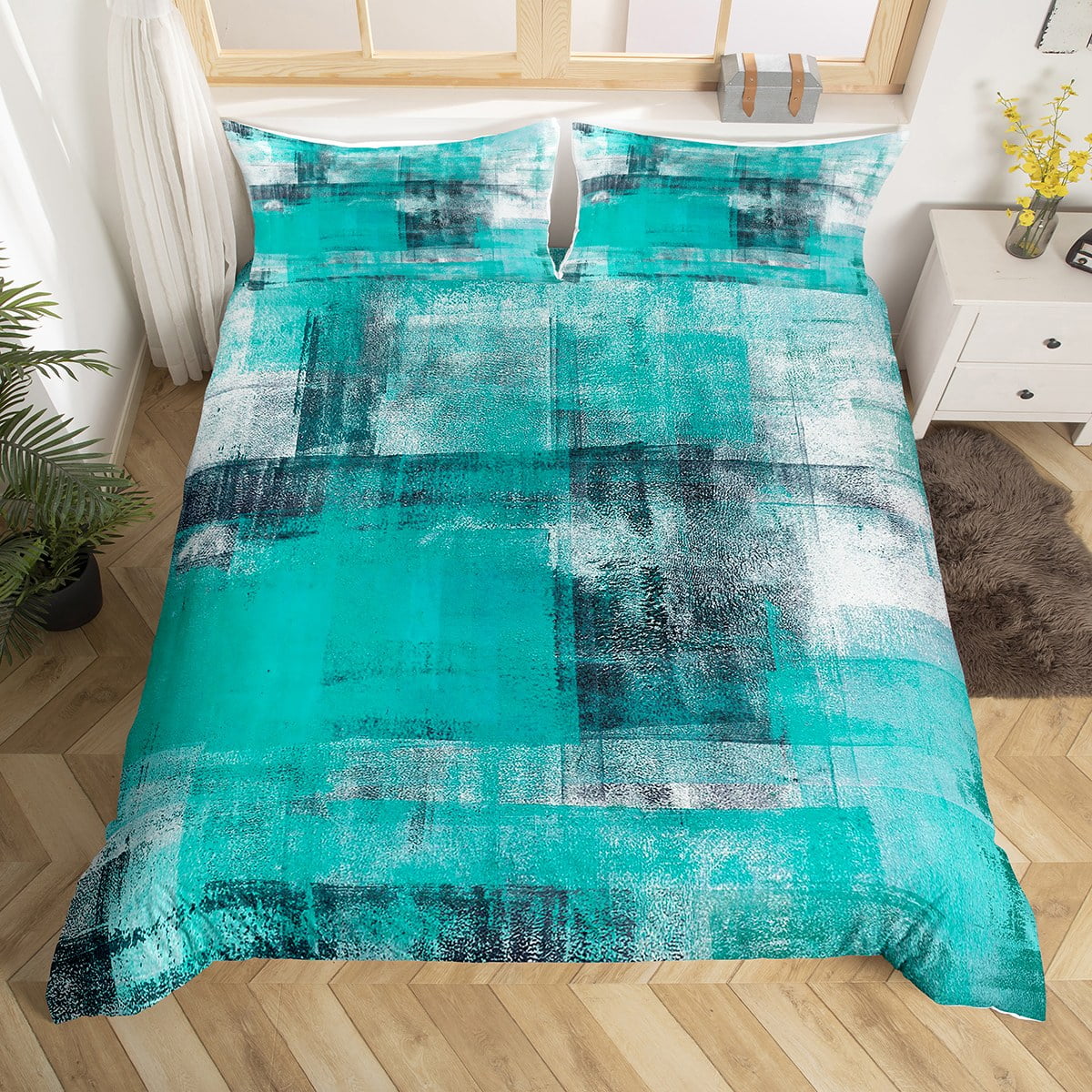 YST Abstract Grunge Duvet Cover Queen Watercolor Bedding Set, Teal ...