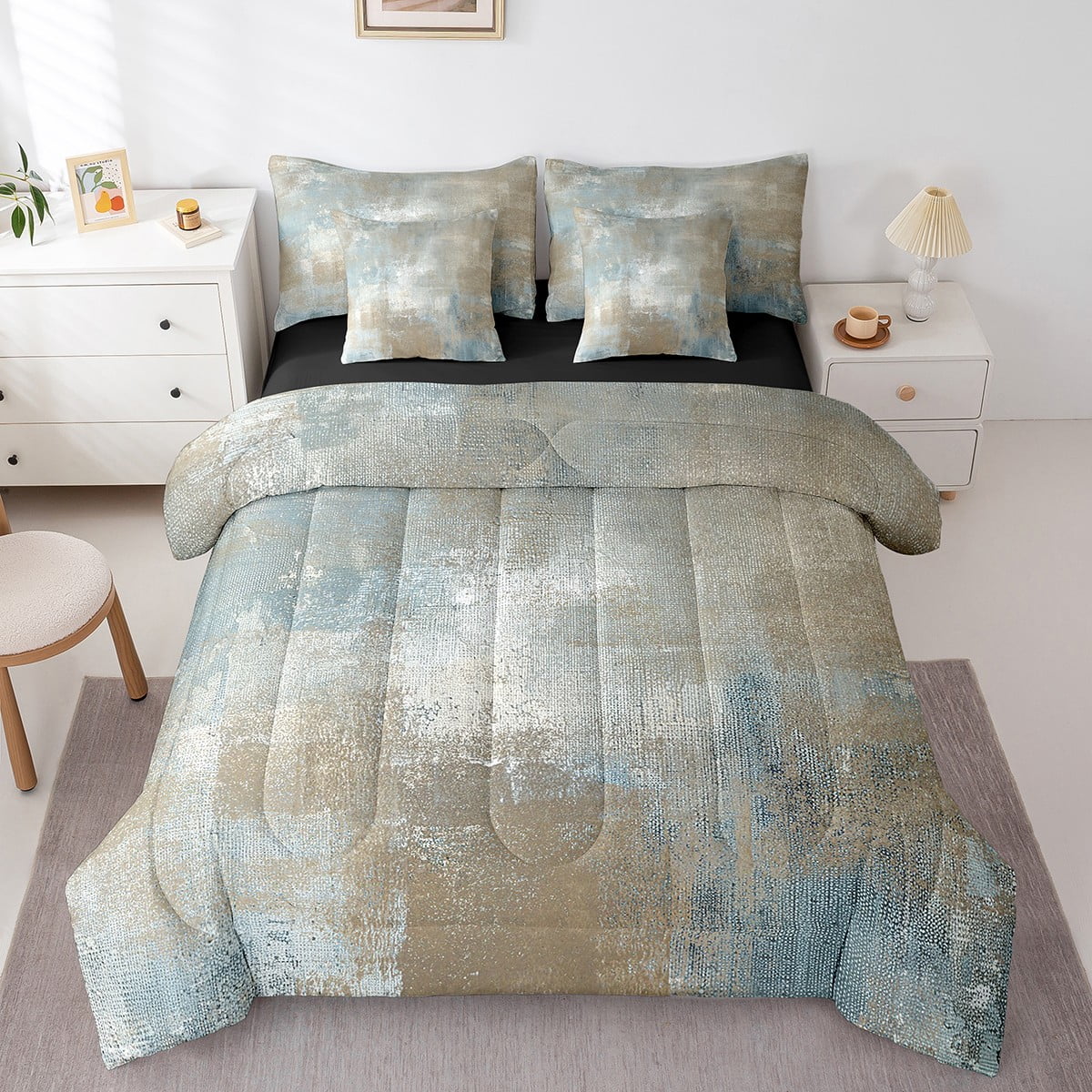 YST Abstract Oil Painting Bed in a Bag 7pcs Gray Brown Bedding ...