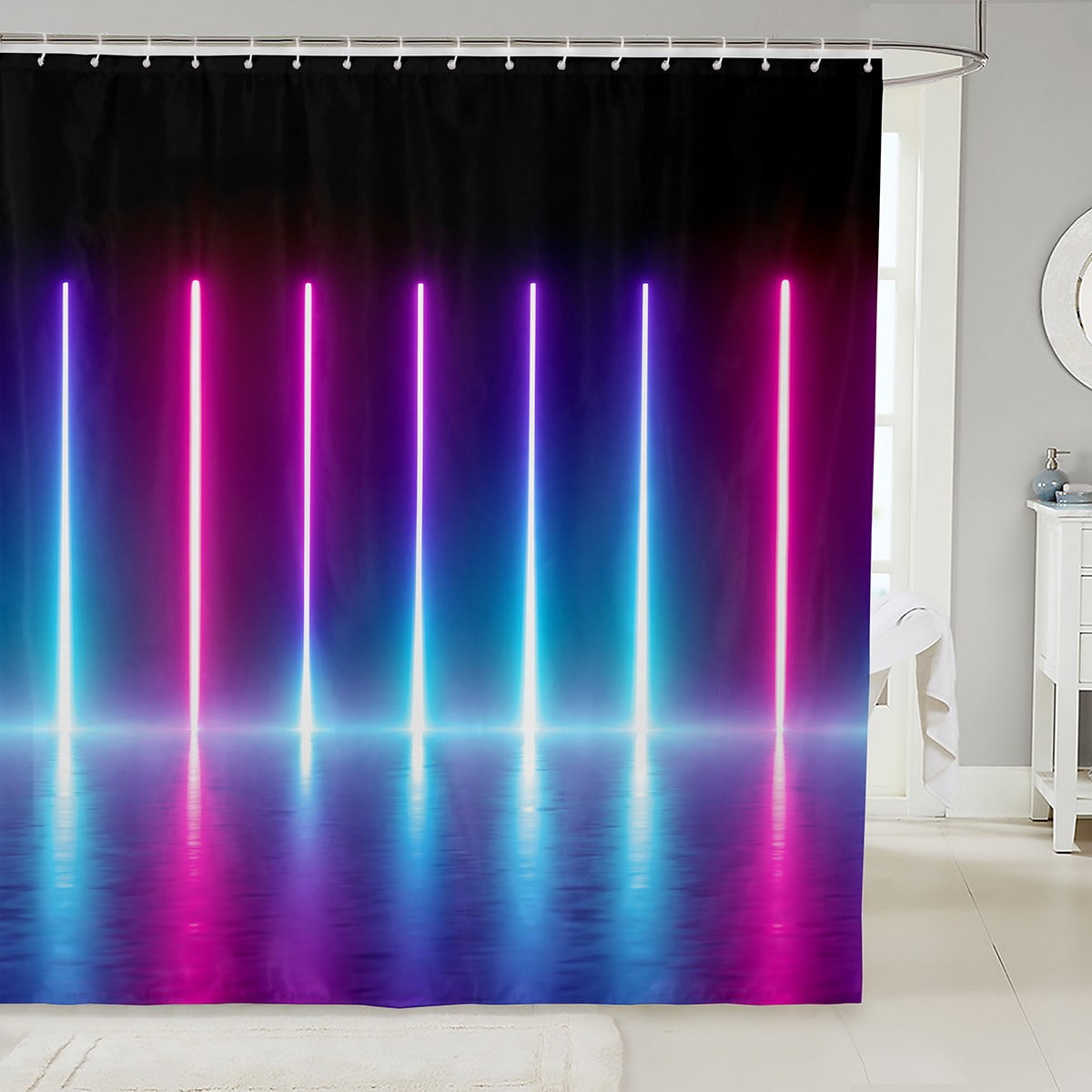 Abstract Ombre Shower Curtain,Pink Teal Black Neon Bathroom Curtains Geometric Stripe Fabric ...