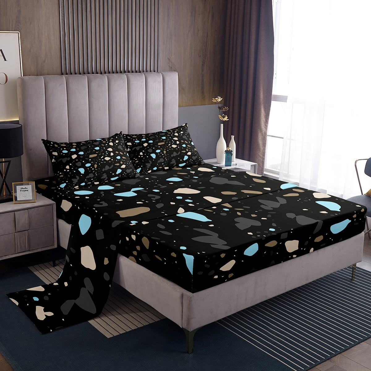 YST Abstract Stone Bed Set Modern Art Bed Sheets Set, Black Blue Marble ...