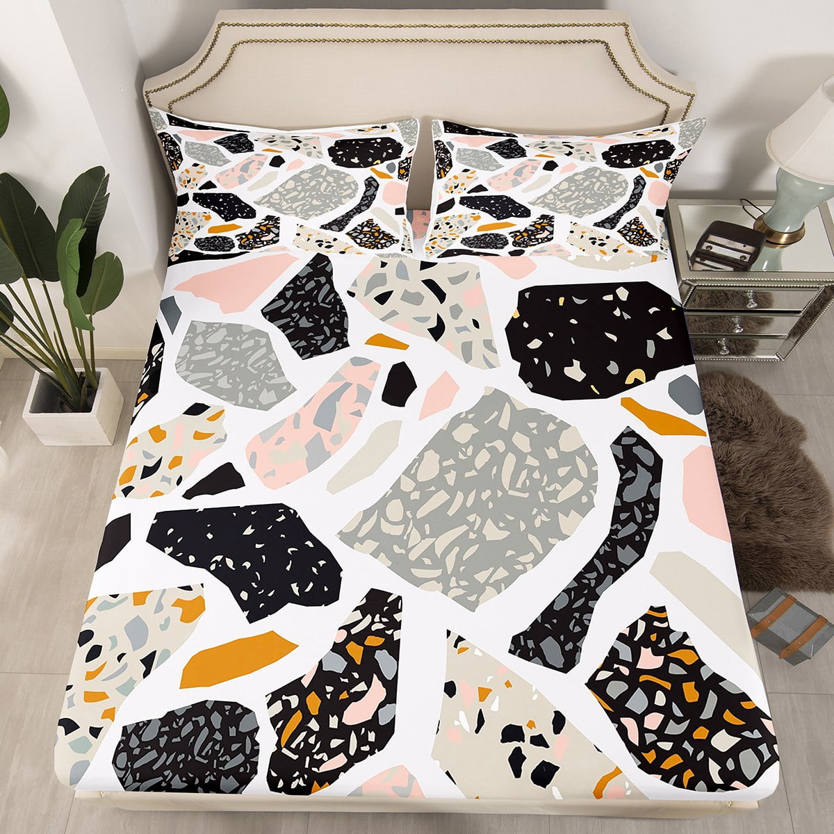 YST Abstract Stone Queen Fitted Sheet Modern Art Sheets, Black Grey ...