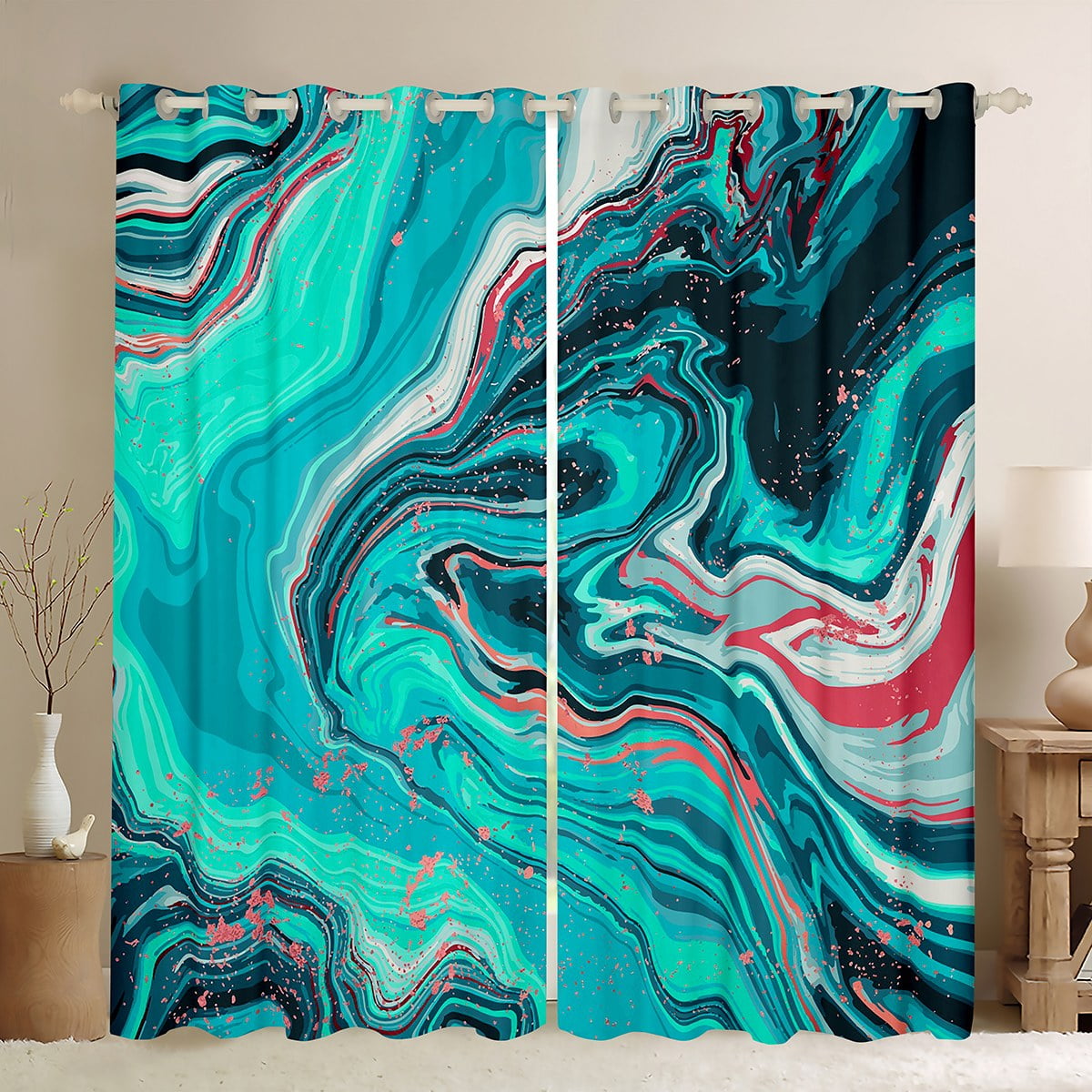 YST Abstract Teal Aqua Curtains Turqoise Marble Blackout Curtains, Pink ...