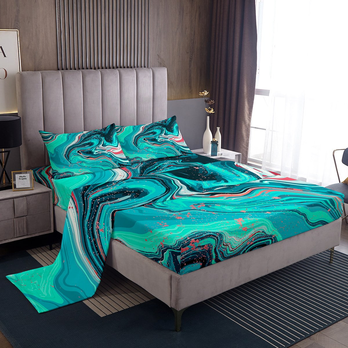 YST Abstract Teal Aqua Twin Sheet Set Turqoise Marble Sheets, Pink ...