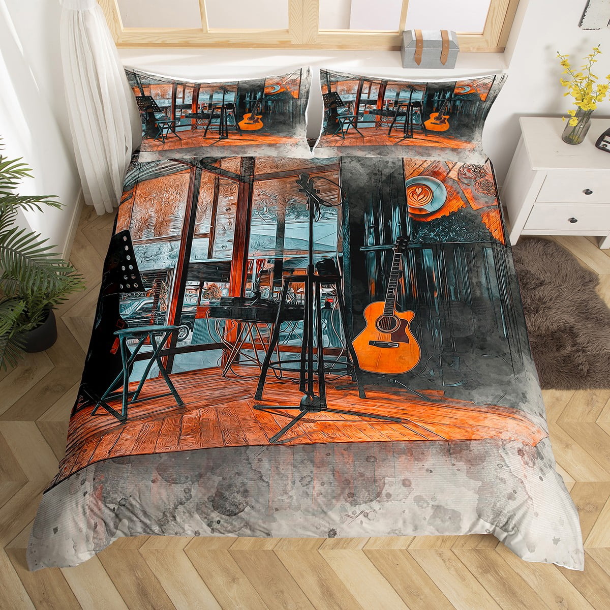YST Acoustic Guitar Duvet Cover King Vintage Music Bedding Set, Retro Oil Painting Comforter ...