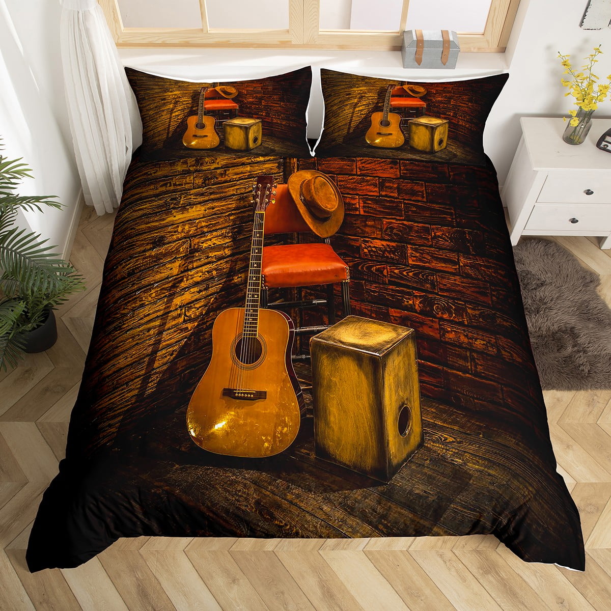 Acoustic Guitar Duvet Cover Twin Vintage Instrument Bedding Set, Rustic ...