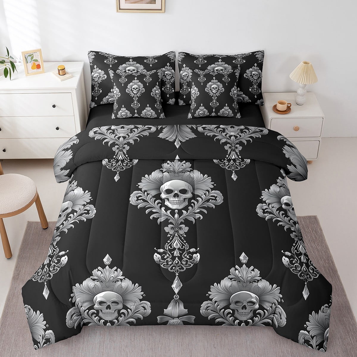 YST Adults 7 Pcs Sugar Skull Comforter Set Twin,Boho Black Damask ...