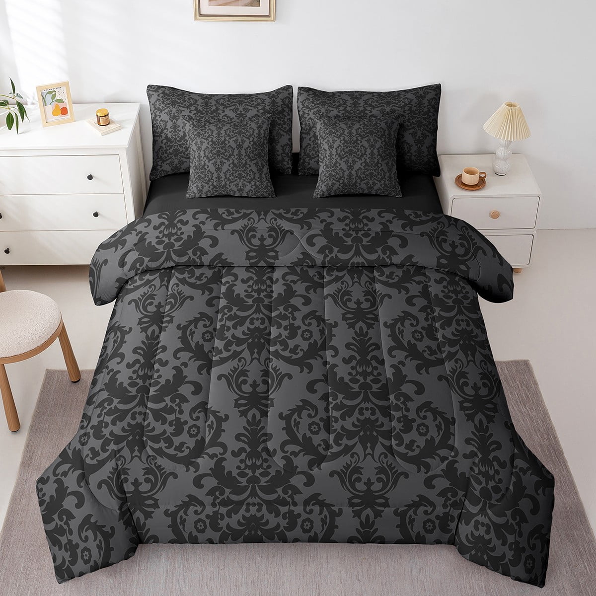 YST Adults Black Grey Damask Bed In A Bag 7 Piece Queen Antique ...