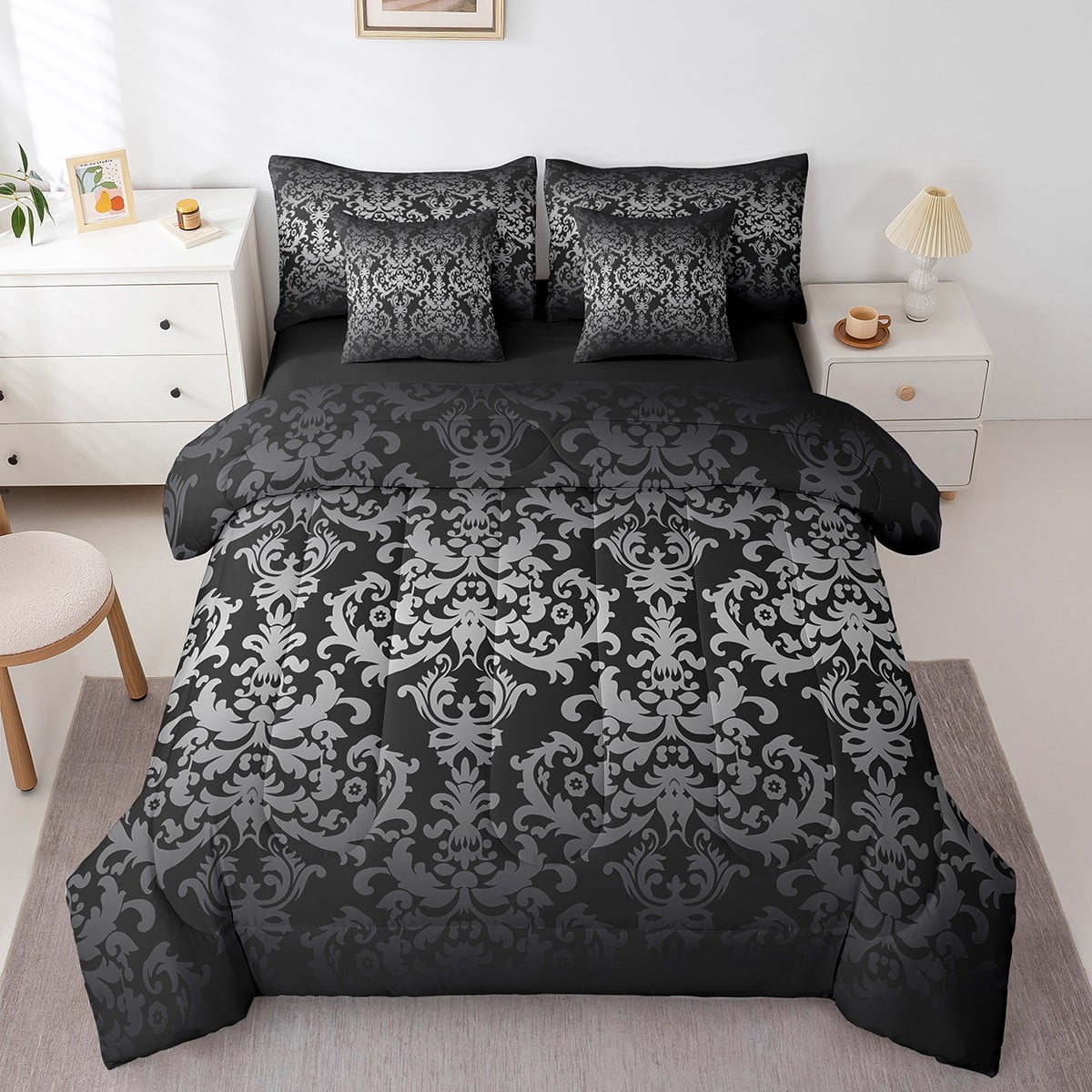 Adults Black Silver Damask Bed In A Bag 7 Piece Twin Antique Victorian ...