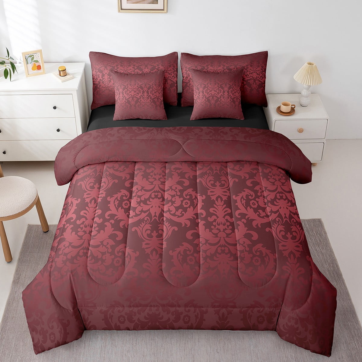 Adults Burgundy Damask Bed In A Bag 7 Piece Queen Antique Victorian ...