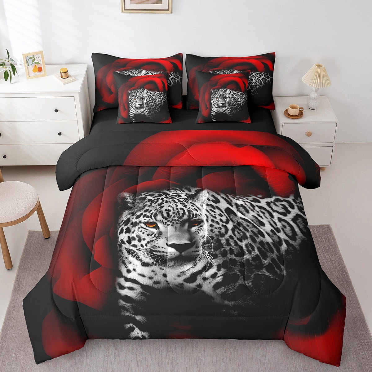 Adults Cheetah Bedding Set Queen 7 Piece Red Rose Leopard Bed In A Bag ...