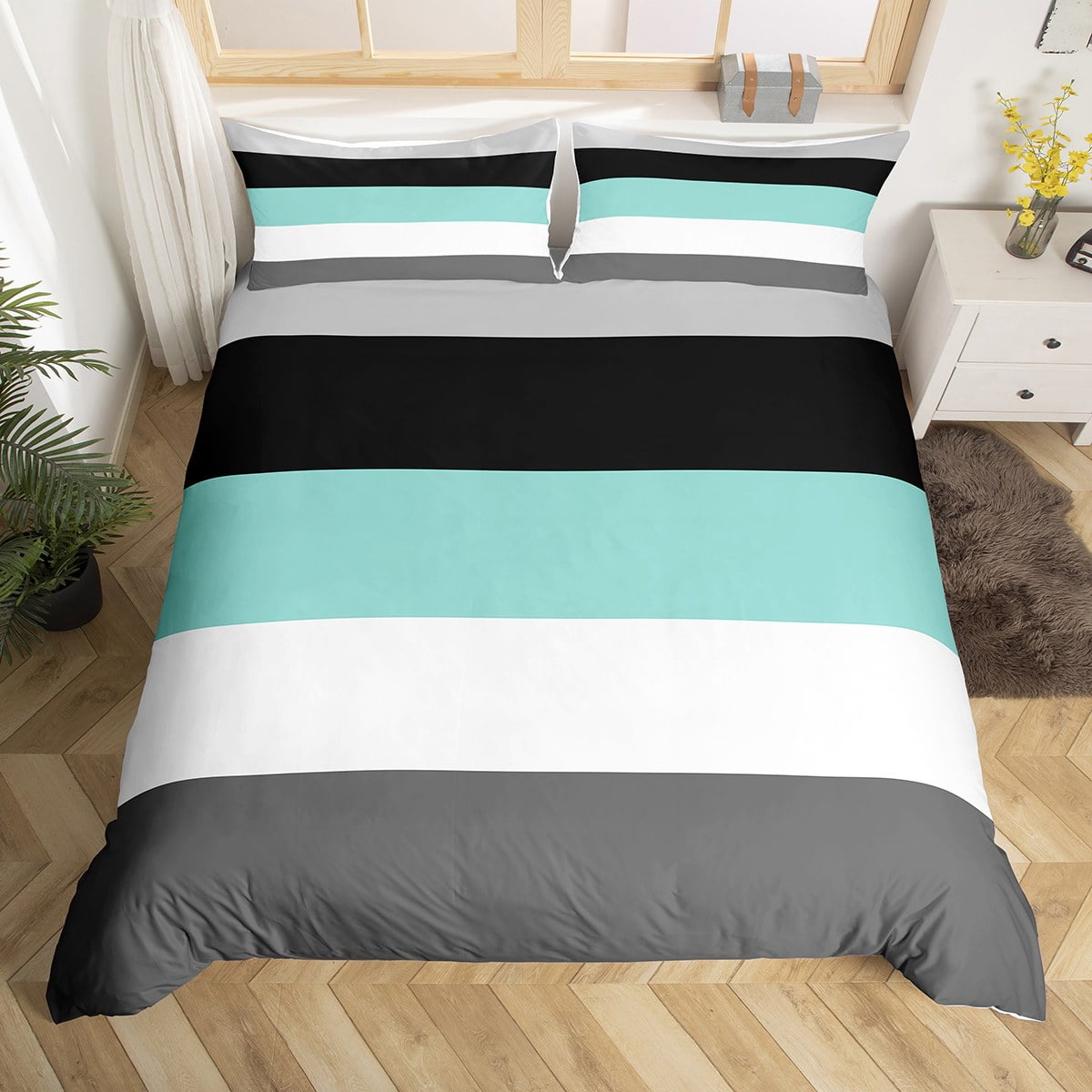 YST Adults Patchwork Turquoise Striped Queen Duvet Cover Teal Black ...