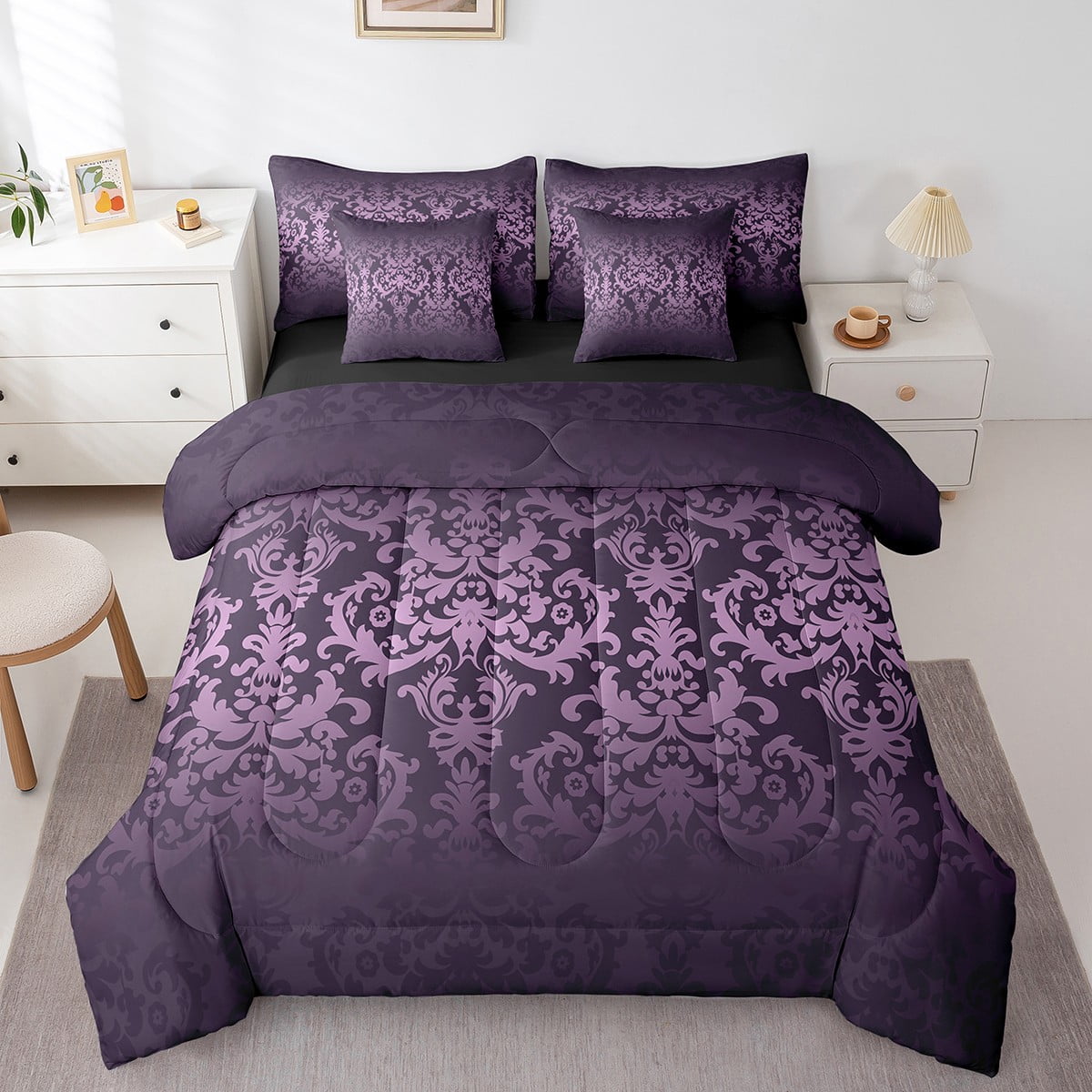 YST Adults Purple Damask Bed In A Bag 7 Piece Queen Antique Victorian ...