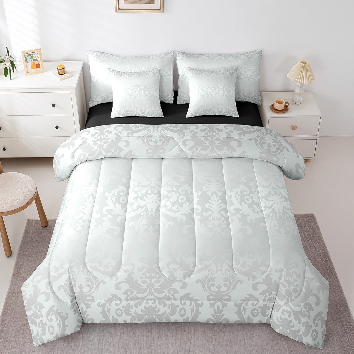 YST Adults Silver Damask Bed In A Bag 7 Piece King Antique Victorian ...