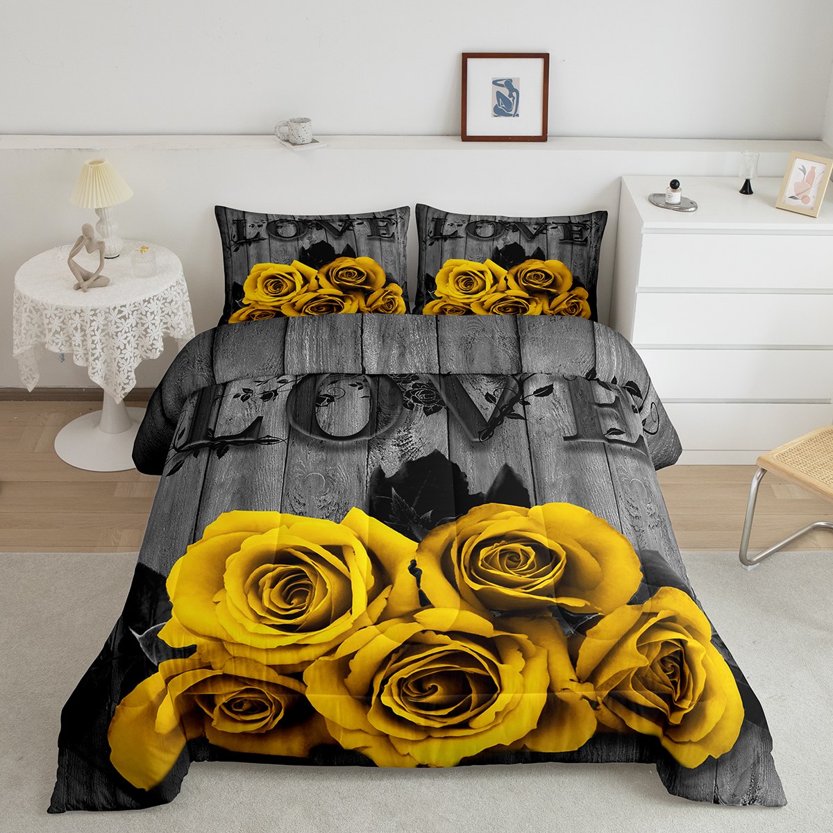 YST Aesthetics Rose Comforter Set Full Retro Black Grey Yellow Floral ...