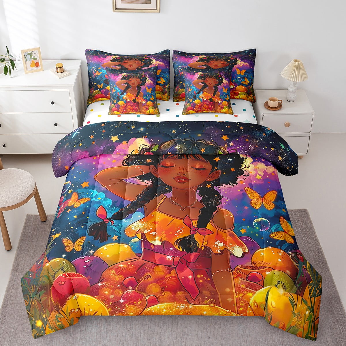 African American Black Twin Bedding Set ,7 Piece Colorful Butterfly ...