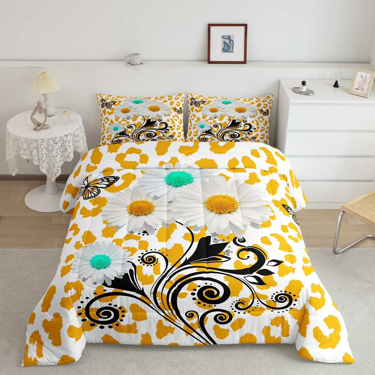 Erosebridal African Animal Comforter Set Queen White Flower Bedding Set ...