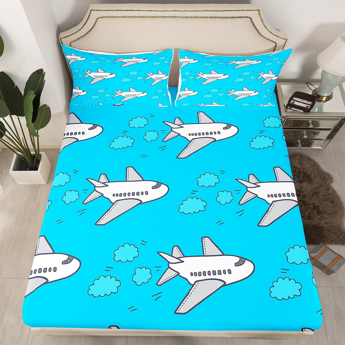 YST Aircraft Bed Sheets Queen,Blue and White Airplane Fitted Sheet for ...