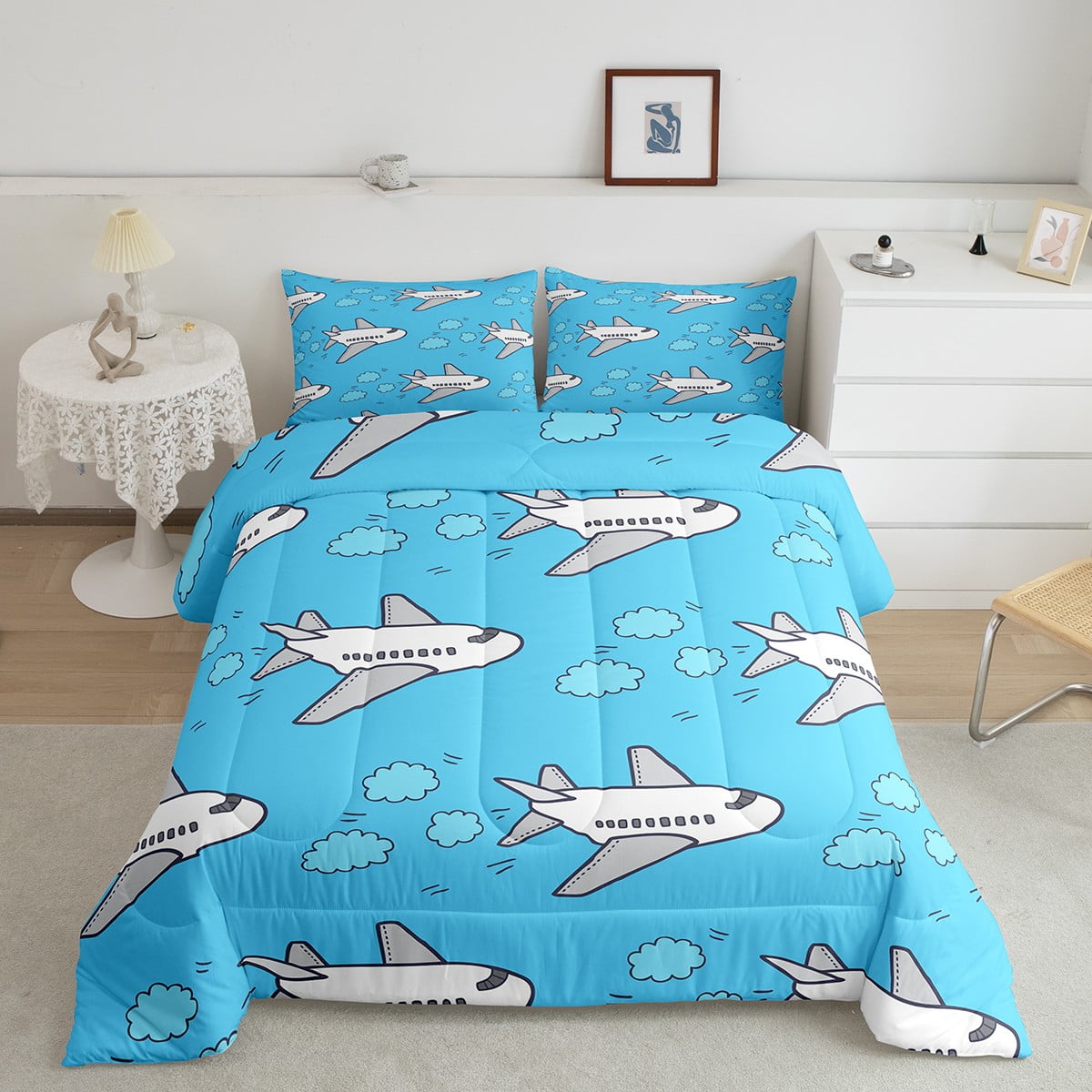 YST Aircraft Bedding Set Full,Blue and White Airplane Comforter Set for ...