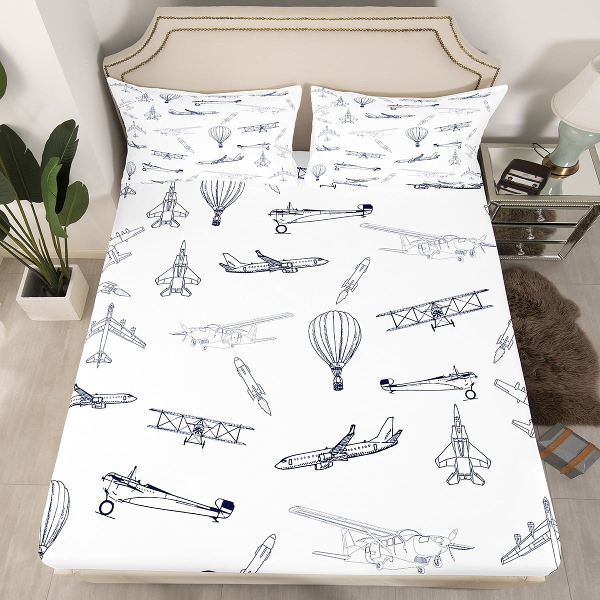 Aircraft Fitted Sheet Full Size, Airplane Print Bed Sheets Teens Men ...