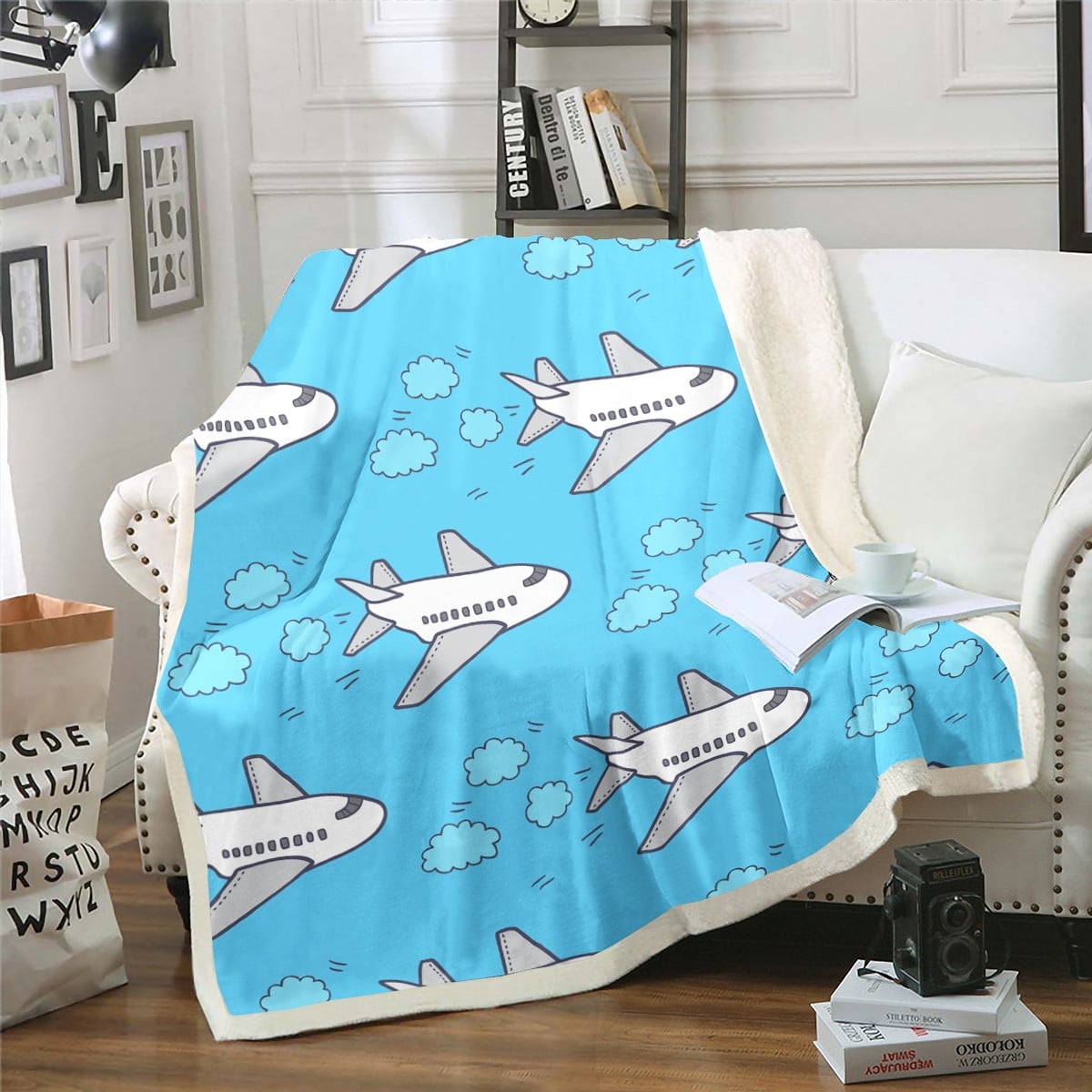 YST Aircraft Fleece Blanket Baby 30x40,Blue and White Airplane Throw ...