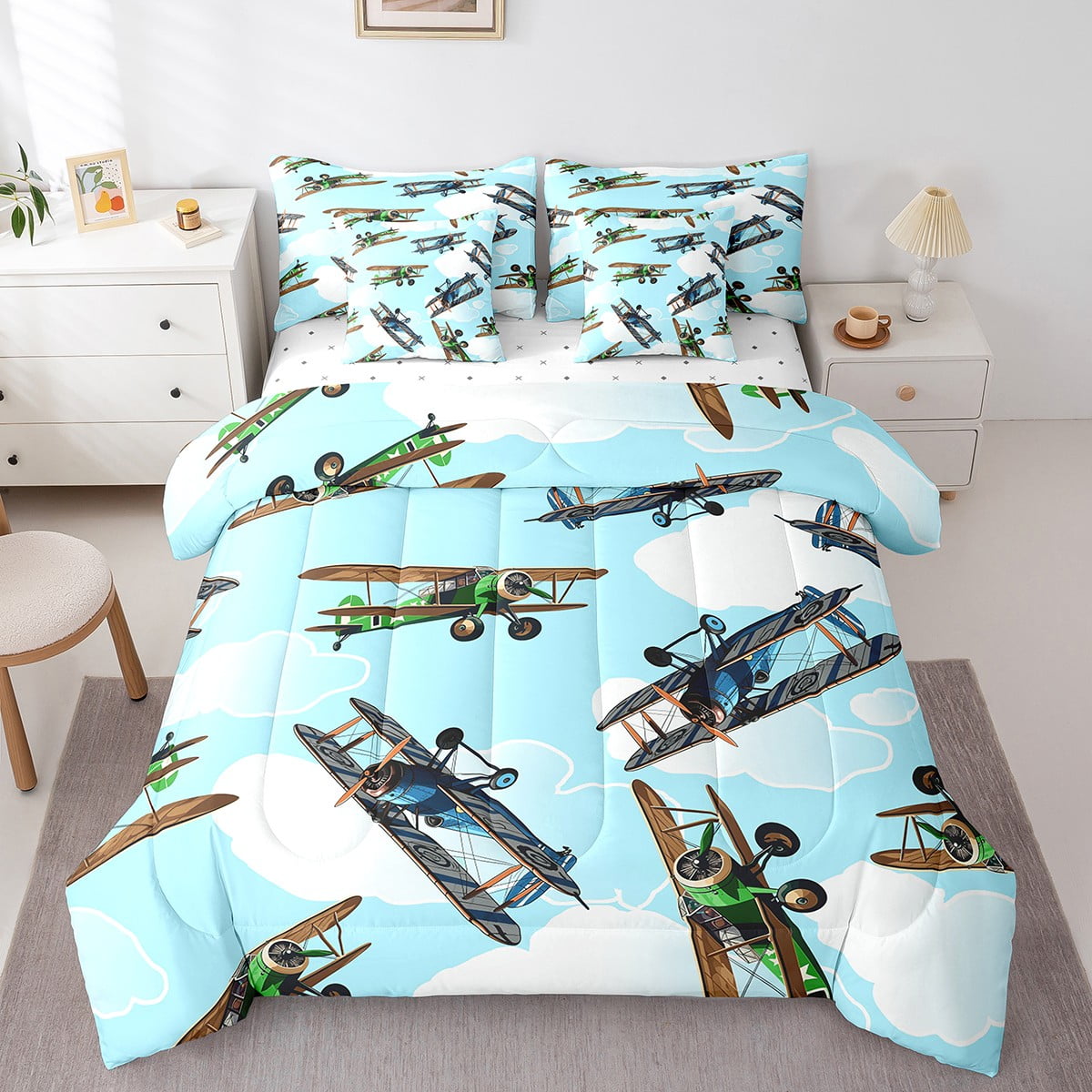 Airplane 7 Pcs Comforter Set Queen Size,Aircraft Helicopter Bed in a ...