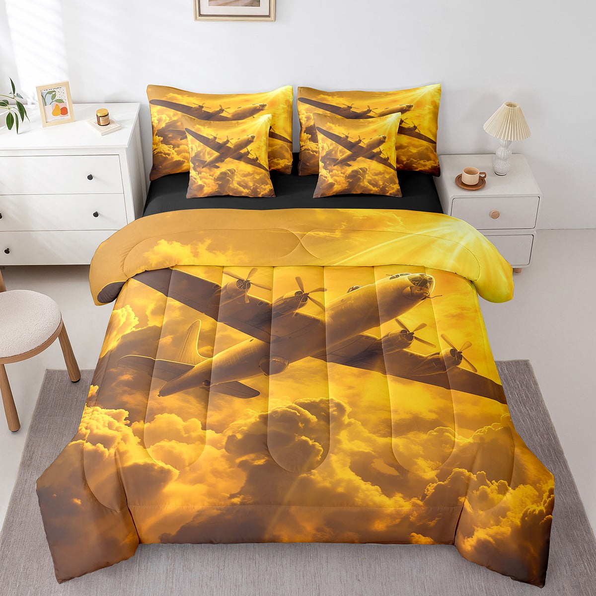 Airplane Bedding Sets Queen Vintage Aircraft Decor Comforter Set Bed in ...