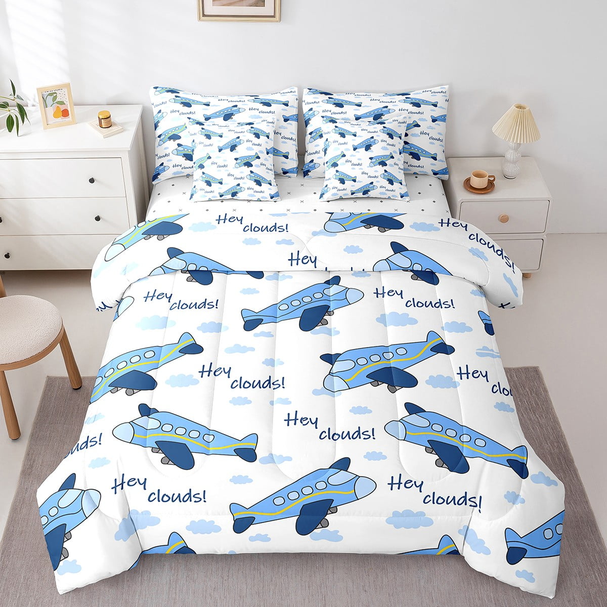 Airplane Comforter Set Twin, Aircraft Sky Clouds Bedding , Cartoon Blue ...
