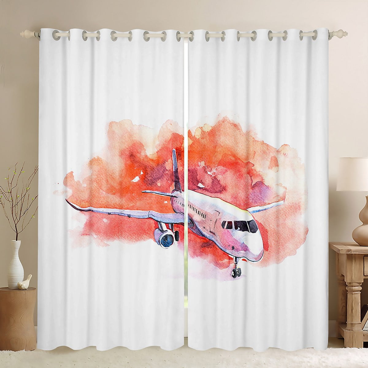Airplane Curtains & Drapes Watercolor Aircraft Print 30%-50% Blackout ...