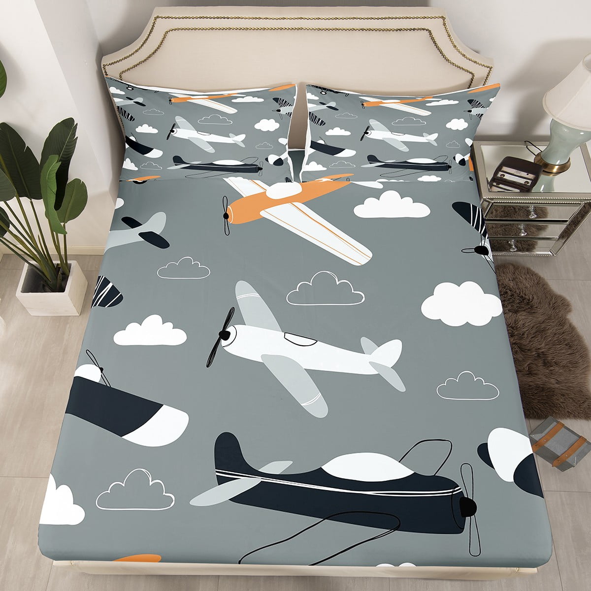 YST Airplane Queen Fitted Sheet for Toddler Kids,Boys Aircraft Bed ...