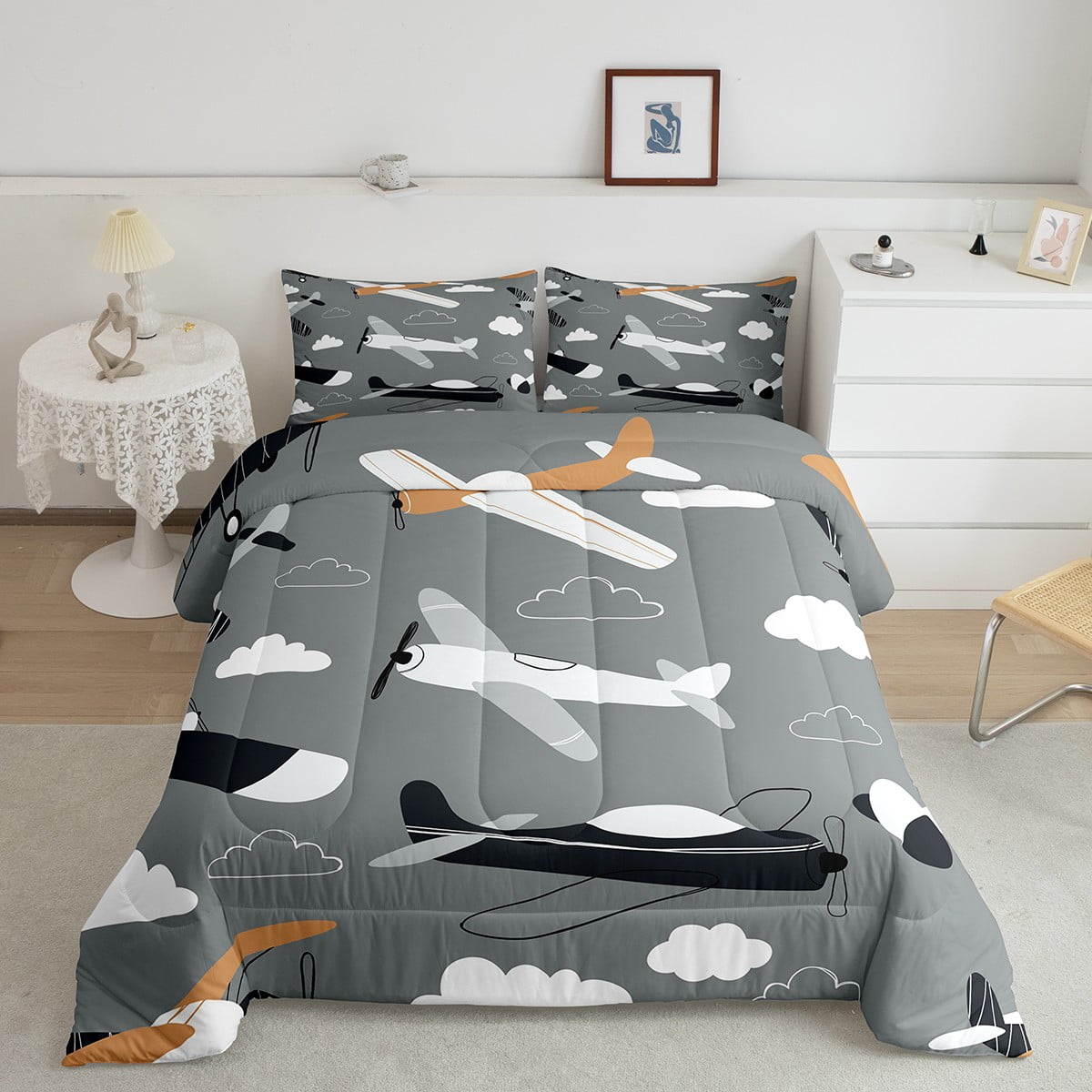 Airplane Queen Size Comforter Set , Aircraft Bedding Set,Cartoon Flying ...