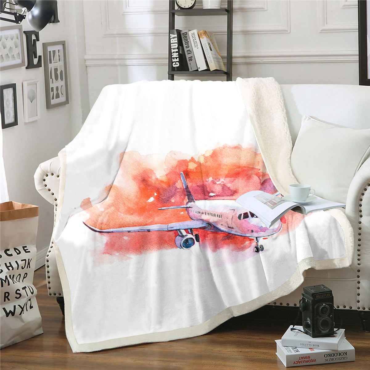 Airplane Throw Blanket Watercolor Gradient Aircraft Print Fuzzy Blanket ...