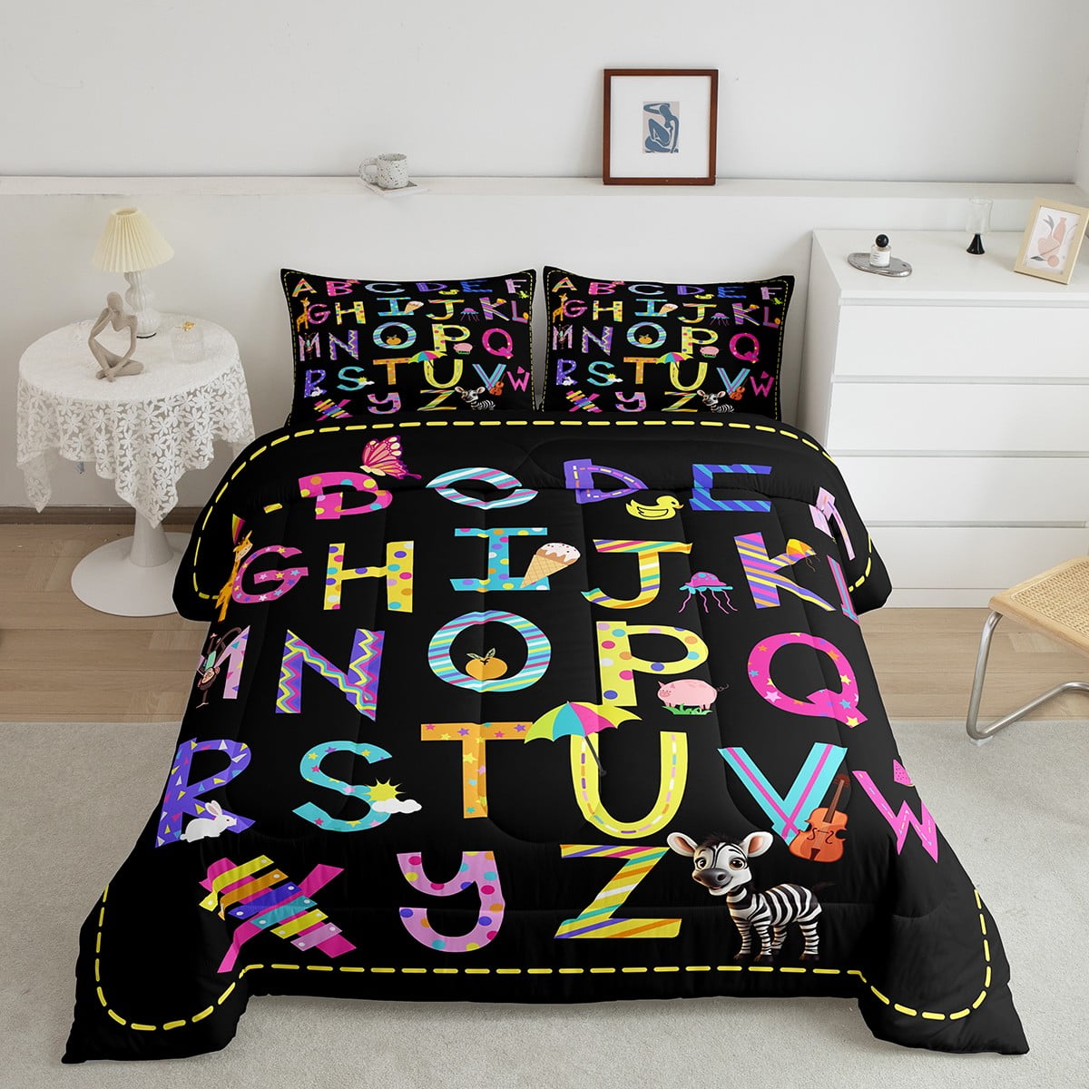 YST Alphabet Full Comforter Set for Kids,Cartoon English Alphabet Bedding Set for Boys Girls ...