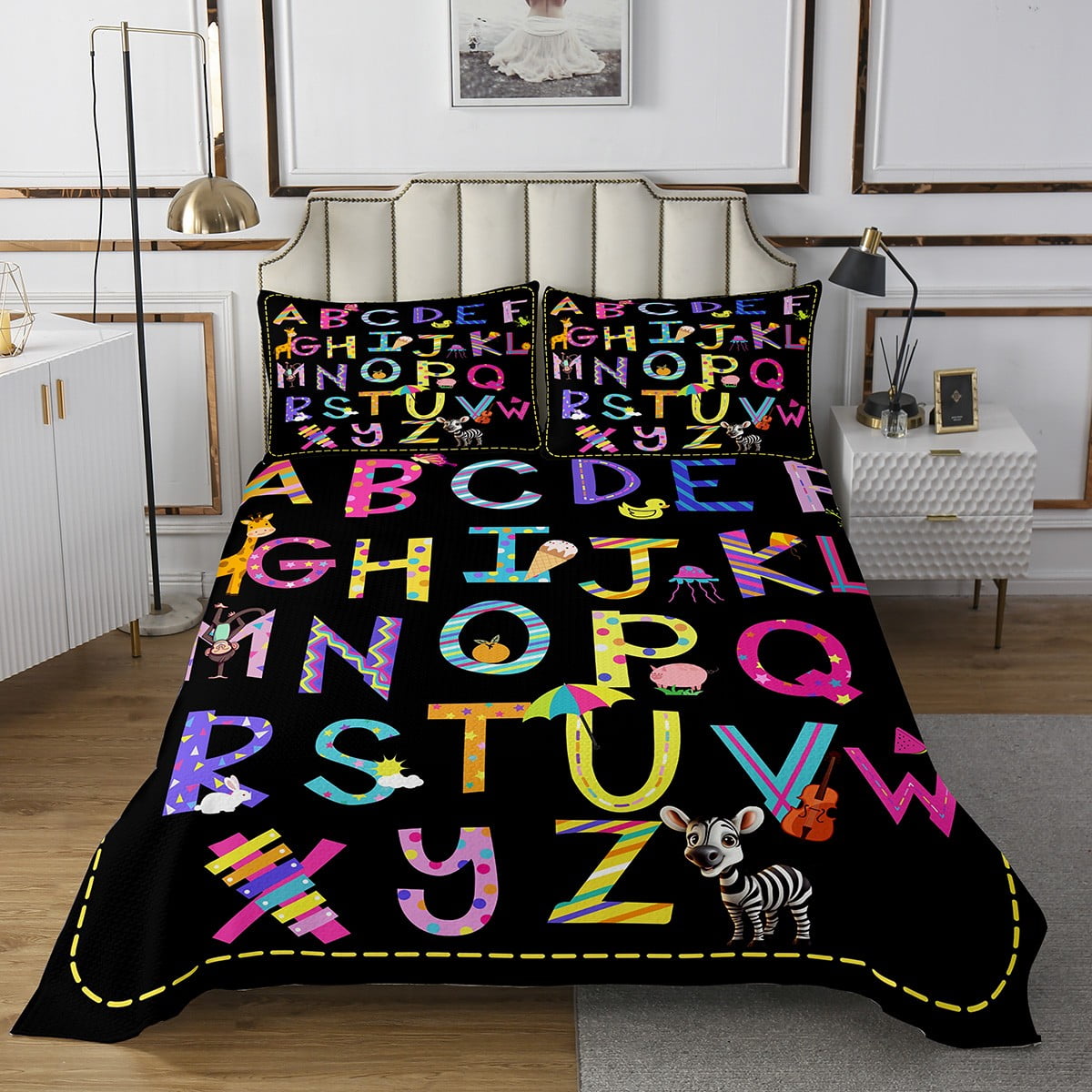 Alphabet Queen Bedspread Set ,Cartoon English Alphabet Bedding Set ...